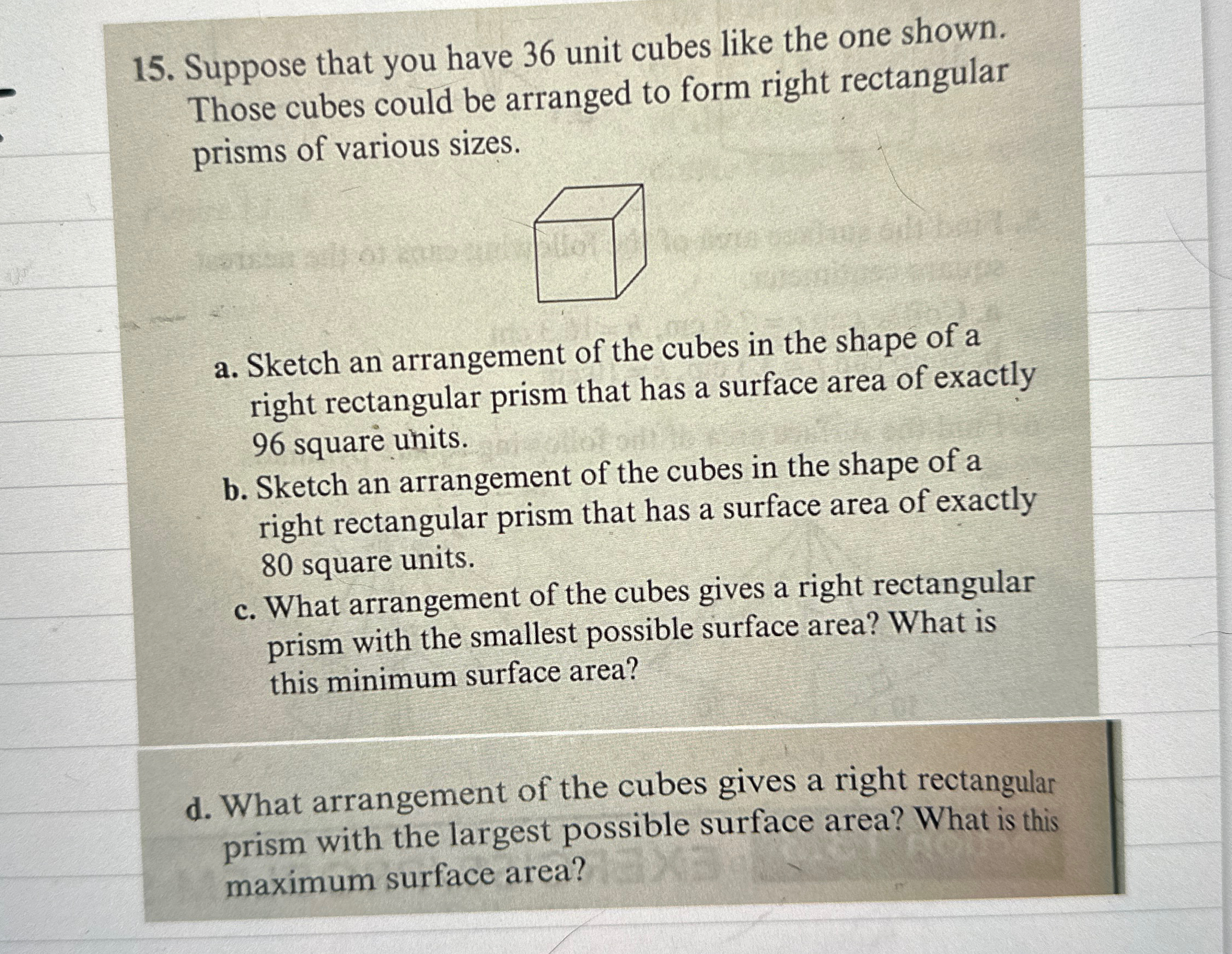 Solved Suppose that you have 36 ﻿unit cubes like the one | Chegg.com