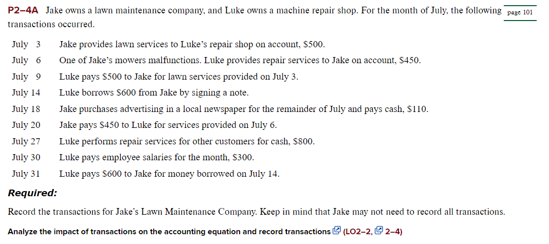 Solved P2-4A Jake owns a lawn maintenance company, and Luke | Chegg.com