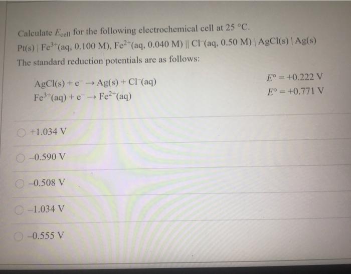 Solved Calculate Ecell For The Following Electrochemical