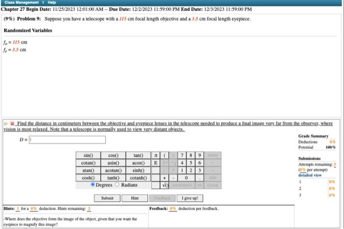 Solved (9\%) Problem 9: Suppose you have a telecsope with a | Chegg.com
