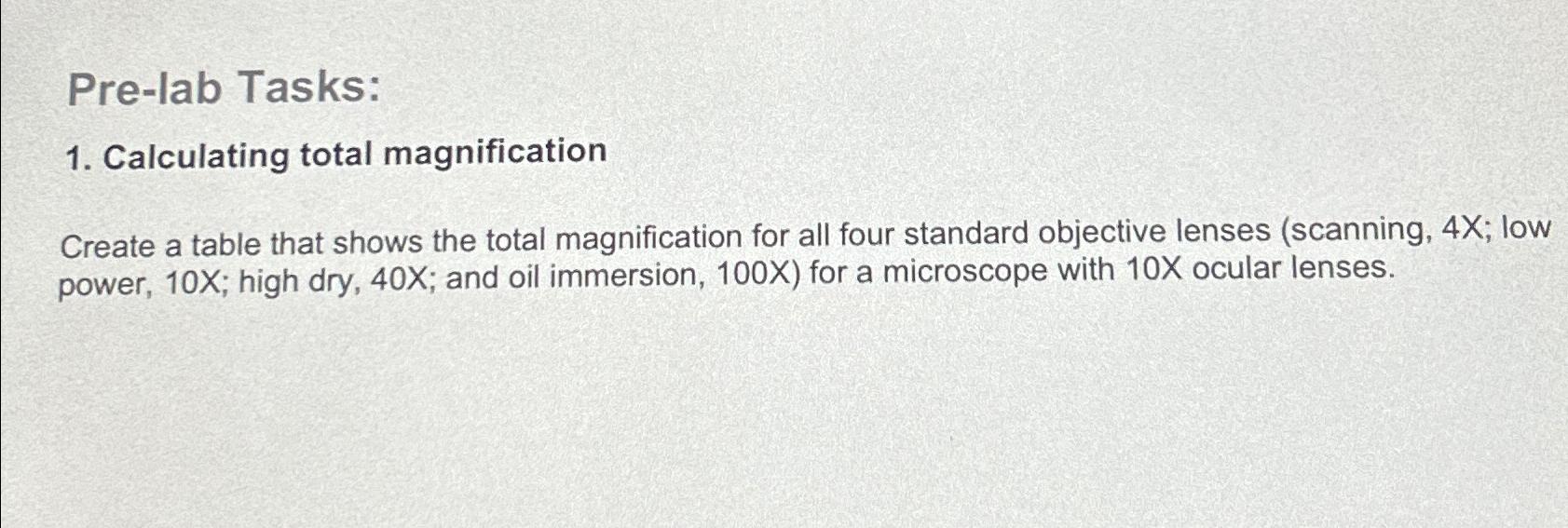 Solved Pre-lab Tasks:Calculating total magnificationCreate a | Chegg.com