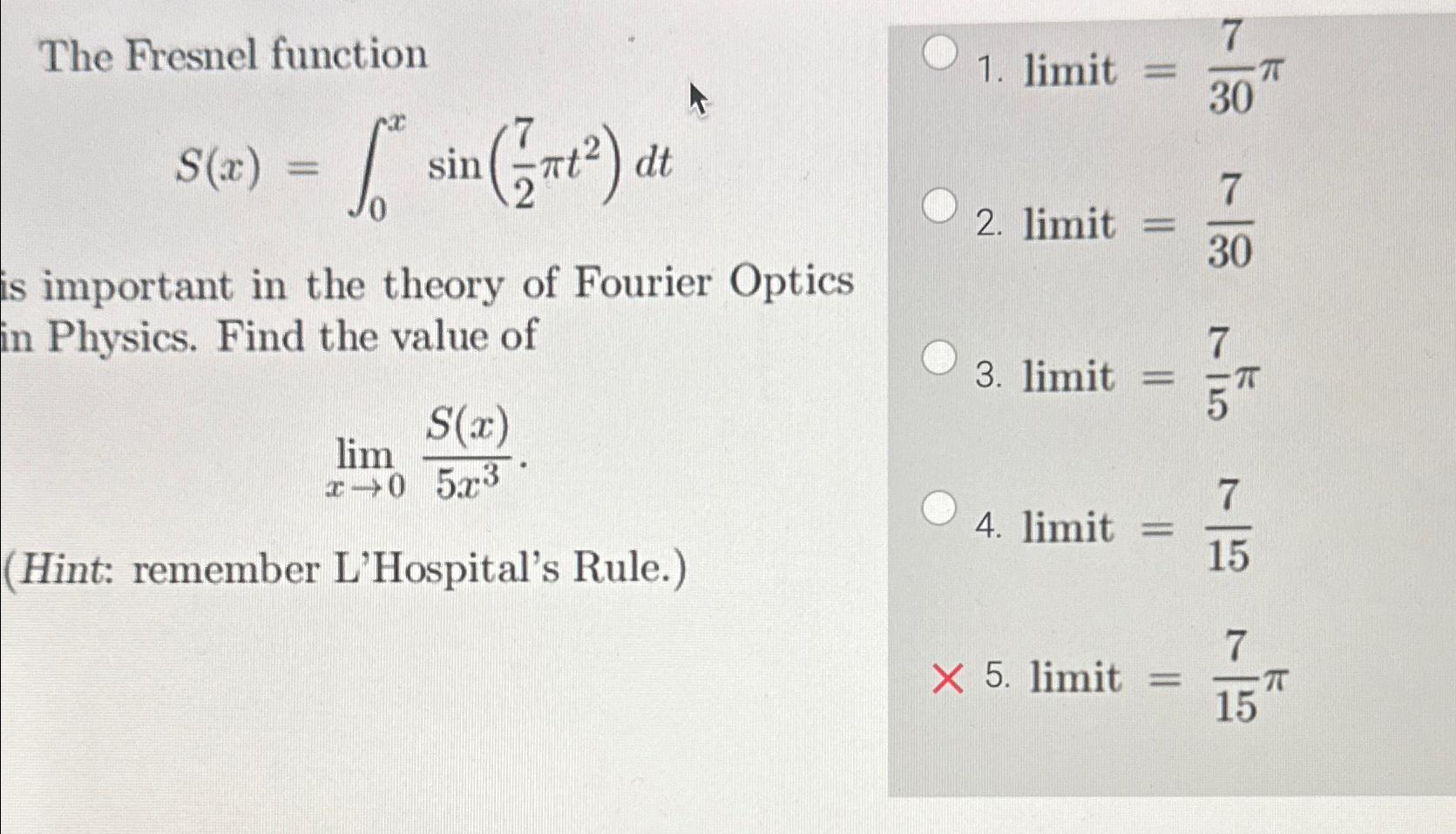 Solved The Fresnel functionS(x)=∫0xsin(72πt2)dtimportant in | Chegg.com