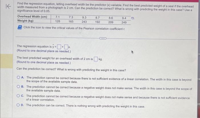 Solved Find the regression equation, letting overhead width | Chegg.com