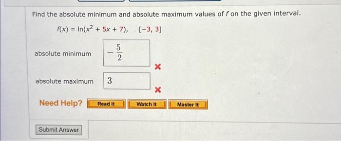 Solved Find the absolute minimum and absolute maximum values | Chegg.com