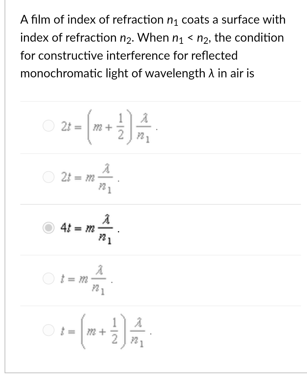 Solved A film of index of refraction n1 ﻿coats a surface | Chegg.com
