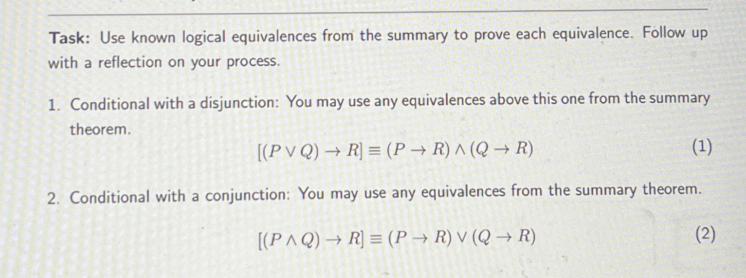 Solved Task: Use known logical equivalences from the summary | Chegg.com Solved Task: Use known logical equivalences from the summary | Chegg.com