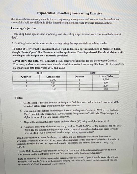 Exponential Smoothing Forecasting Exercise This is a | Chegg.com