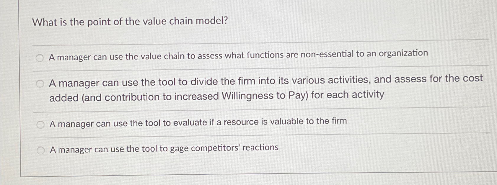 Solved What is the point of the value chain model?A manager | Chegg.com