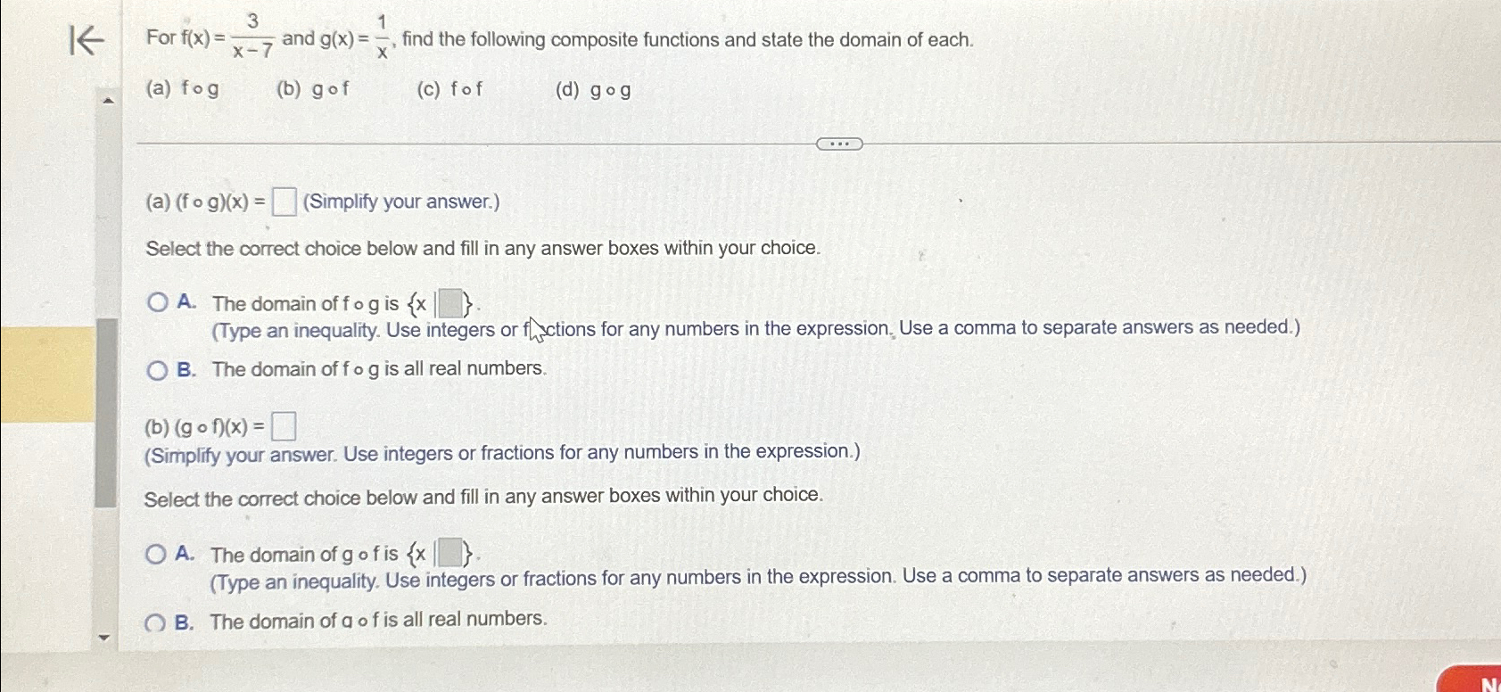 Solved For f(x)=3x-7 ﻿and g(x)=1x, ﻿find the following | Chegg.com