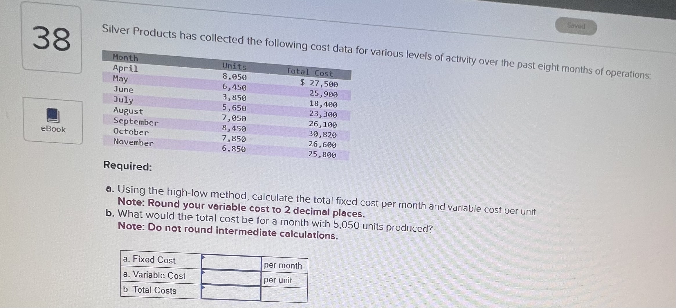 Solved Silver Products has collected the following cost data | Chegg.com