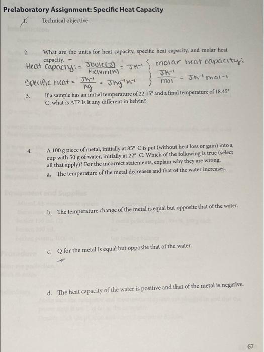 Solved Prelaboratory Assignment: Specific Heat Capacity X | Chegg.com