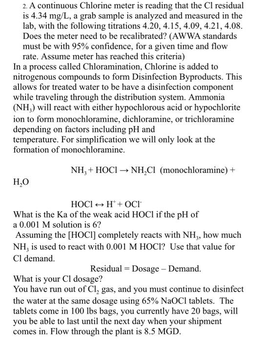 2. A continuous Chlorine meter is reading that the Cl | Chegg.com