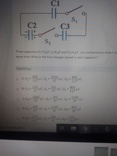 Solved Three capacitors C1=5 muF, C2=6 muF and C3=4 muF | Chegg.com
