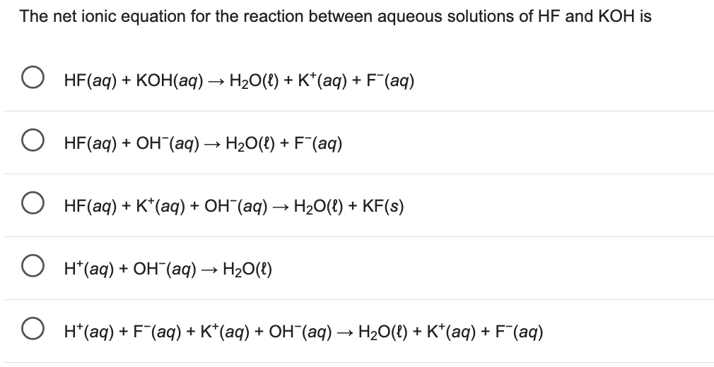 Solved The net ionic equation for the reaction between | Chegg.com