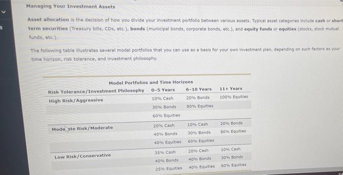 Solved Managing Your Investment Assets Asset allocation is | Chegg.com