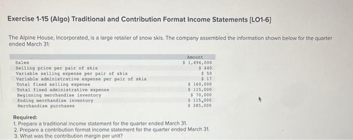 Solved Exercise 1-15 (Algo) Traditional and Contribution | Chegg.com