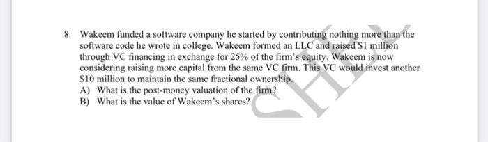 Solved 8. Wakeem funded a software company he started by | Chegg.com
