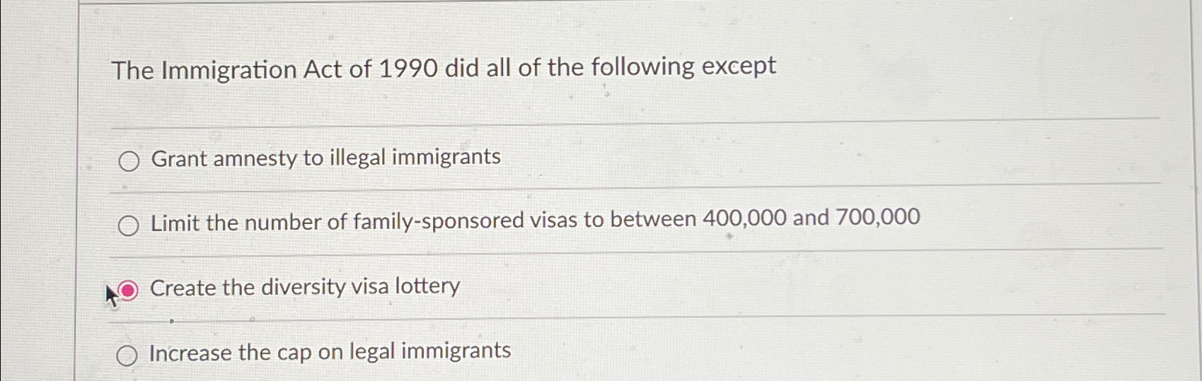 Solved The Immigration Act of 1990 ﻿did all of the following | Chegg.com