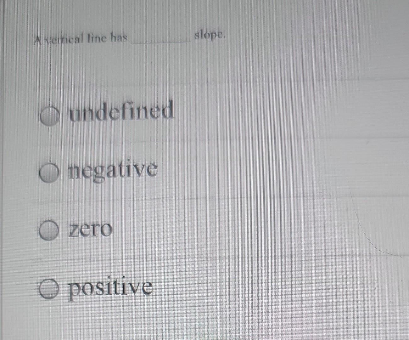 Solved A vertical line has slope. undefined negative zero | Chegg.com