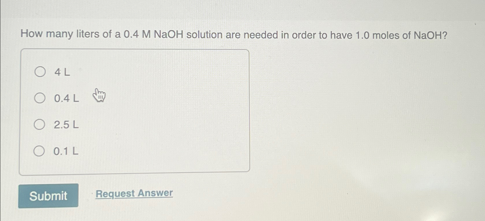 Solved How many liters of a 0.4MNaOH solution are needed in | Chegg.com
