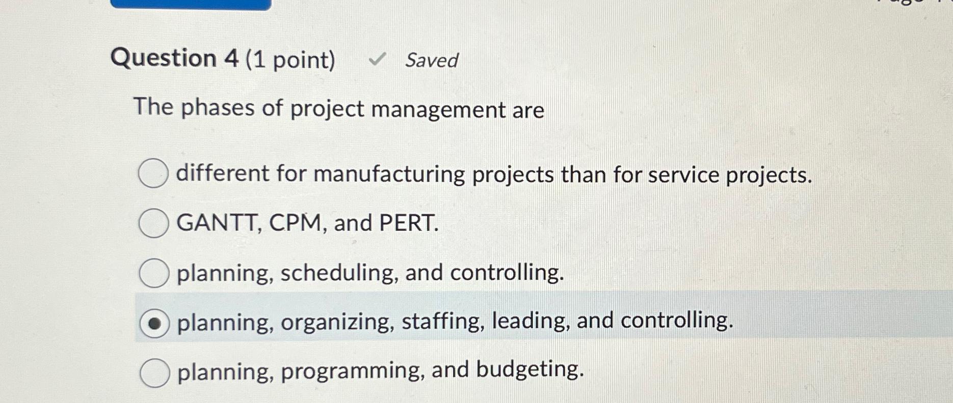 Solved Question 4 (1 ﻿point) ﻿SavedThe phases of project | Chegg.com