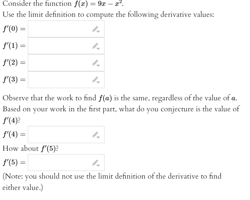 Solved Consider the function f(x)=9x-x2.Use the limit | Chegg.com