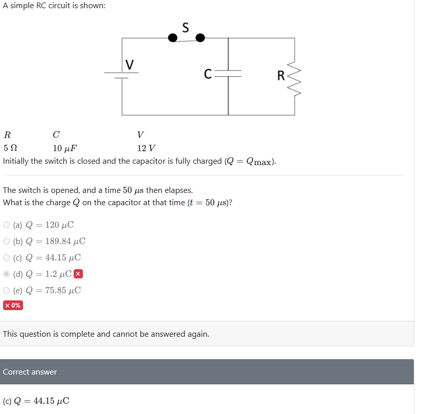 Solved A simple RC circuit is shown:Initially the switch is | Chegg.com