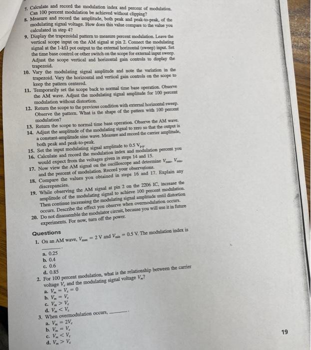 Solved 7. Calculate and record the modulation index and | Chegg.com