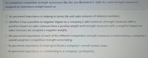 Solved In a weighted competitive strength assessment like | Chegg.com