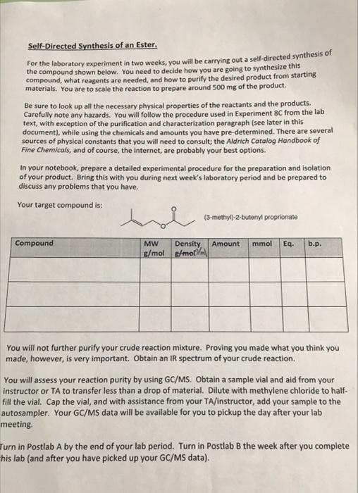 Self-Directed Synthesis of an Ester. For the | Chegg.com