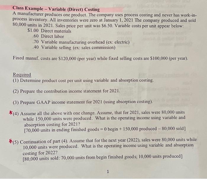 Solved Class Example Variable Direct Costing A