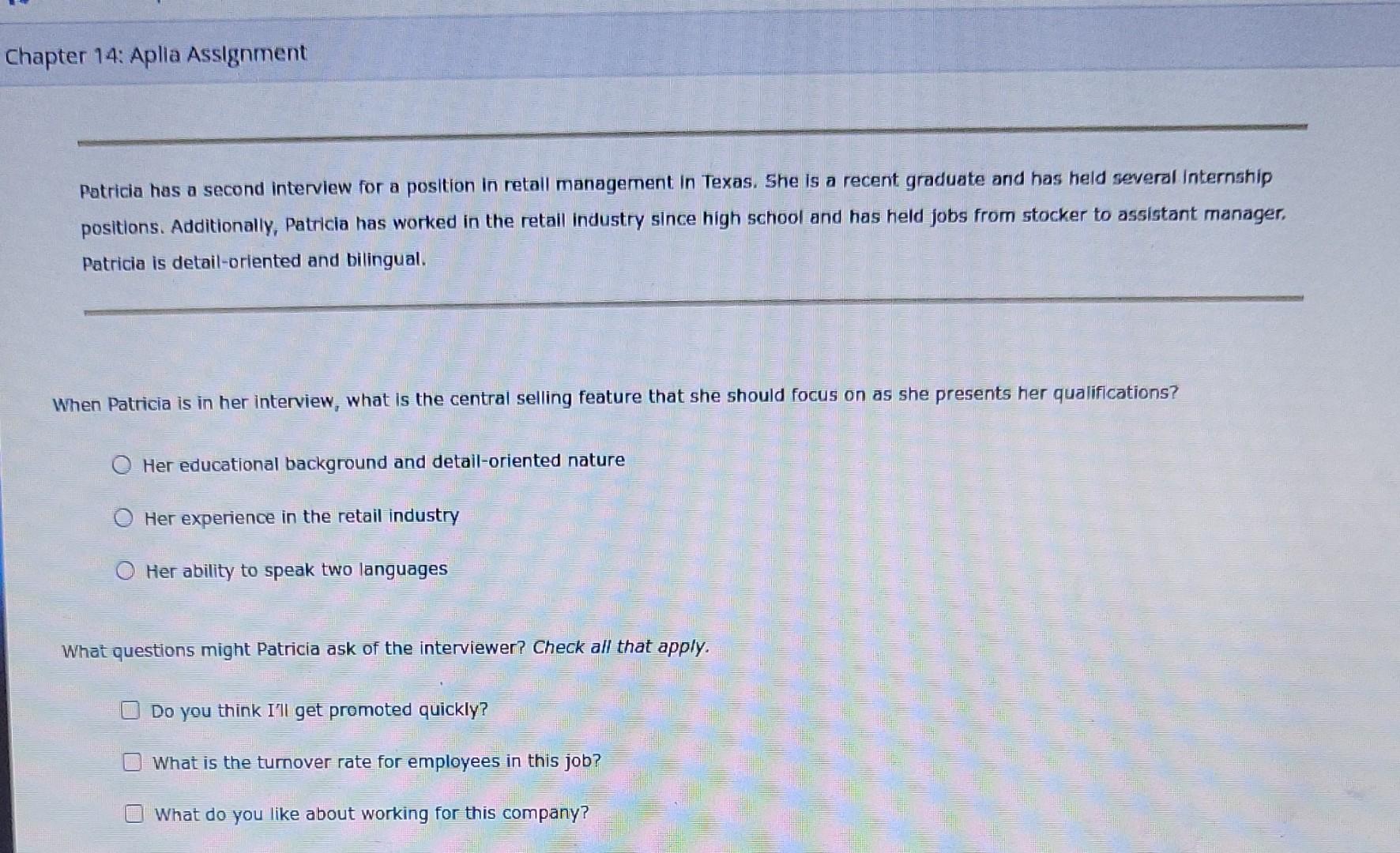 Solved Chapter 14: Aplia Assignment A successful interview | Chegg.com