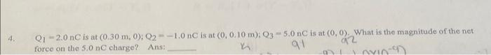 Solved Q1=2.0nC is at (0.30 m,0);Q2=−1.0nC is at (0,0.10 | Chegg.com