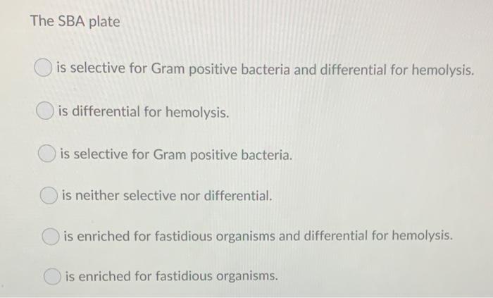 Solved The SBA plate is selective for Gram positive bacteria | Chegg.com