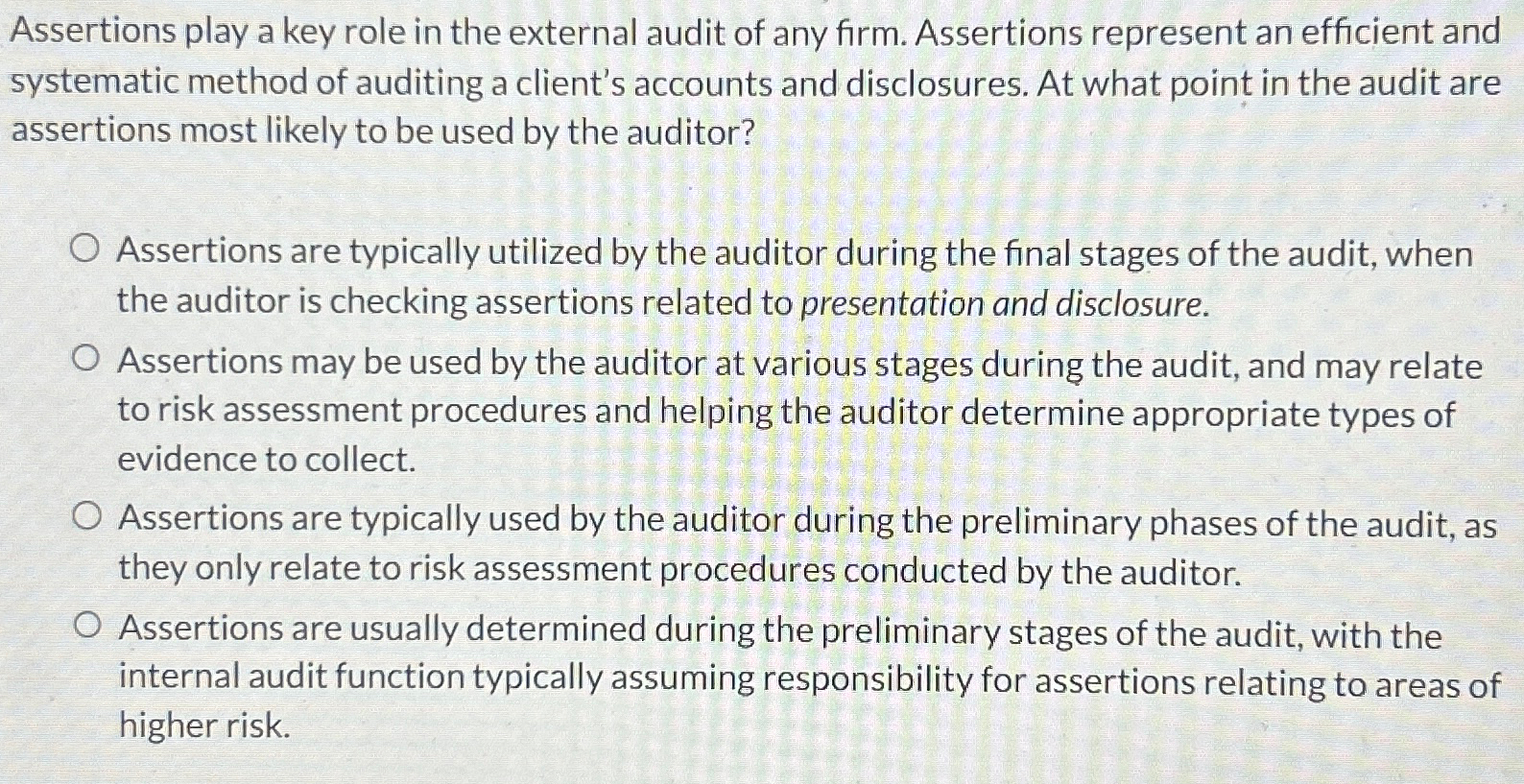 Solved Assertions play a key role in the external audit of | Chegg.com