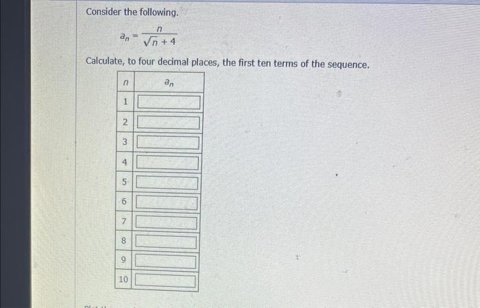 Solved Consider the following. an=n+4n Calculate, to four | Chegg.com