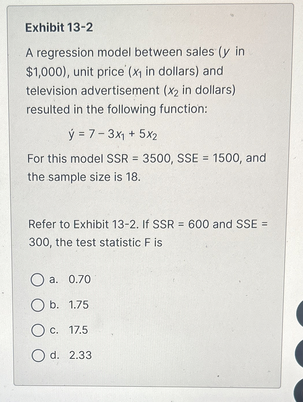 Solved Exhibit 13-2A regression model between sales ( y in | Chegg.com Solved Exhibit 13-2A regression model between sales ( y in | Chegg.com