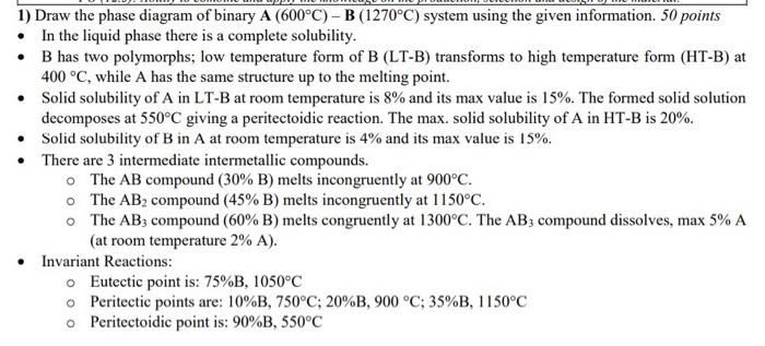 Solved 1) Draw the phase diagram of binary A (600°C) - B | Chegg.com