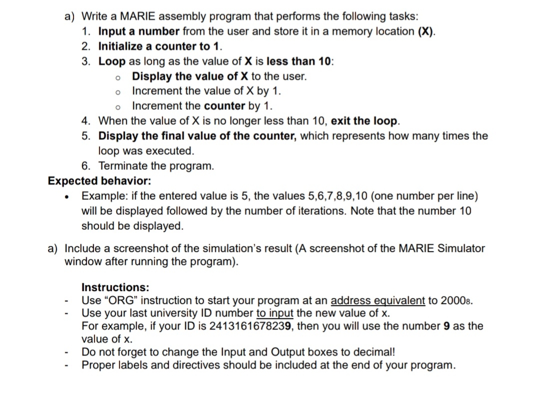 Solved a) ﻿Write a MARIE assembly program that performs the | Chegg.com