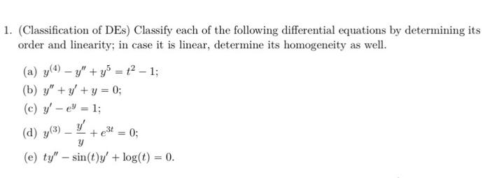Solved 1. (Classification of DEs) Classify each of the | Chegg.com