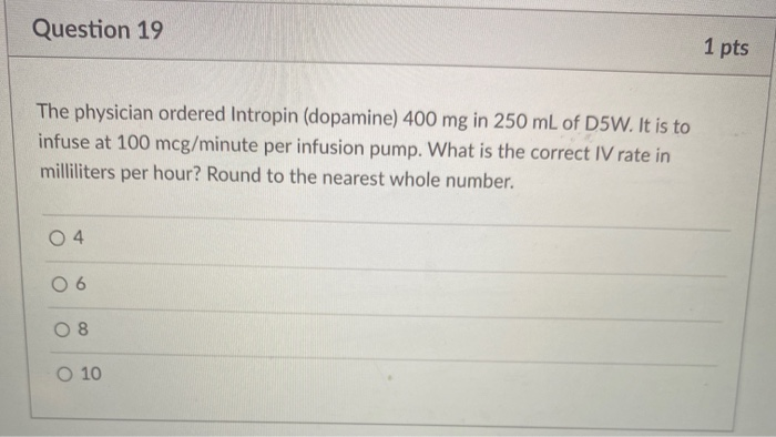 Solved Question 19 1 pts The physician ordered Intropin | Chegg.com
