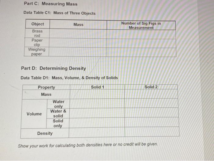 Part C: Measuring Mass Data Table C1: Mass of Three | Chegg.com