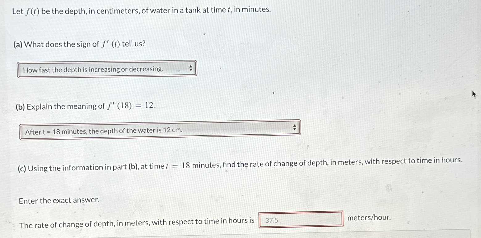 Solved Let f(t) ﻿be the depth, in centimeters, of water in a | Chegg.com