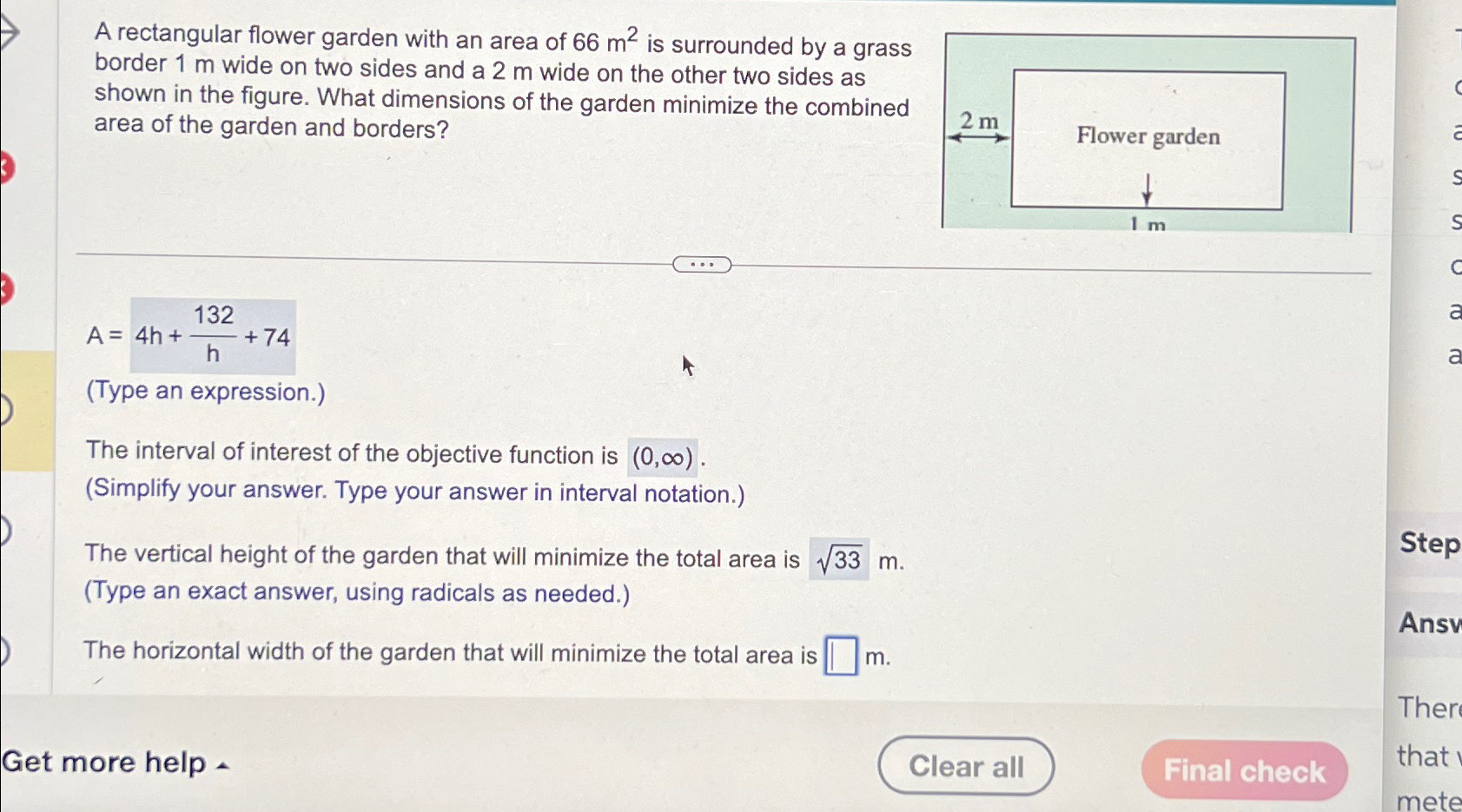 Solved A rectangular flower garden with an area of 66m2 ﻿is | Chegg.com