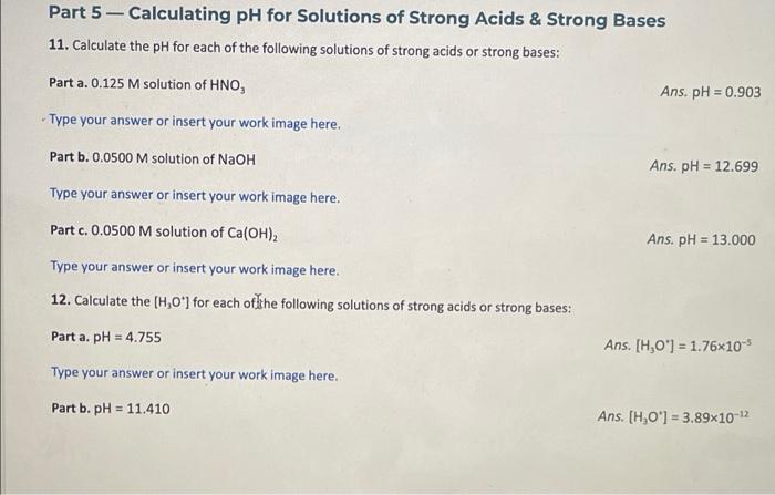 Solved Part 5 - Calculating pH for Solutions of Strong Acids | Chegg.com