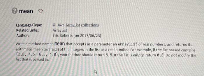 Solved Write a method named mean that accepts as a parameter | Chegg.com