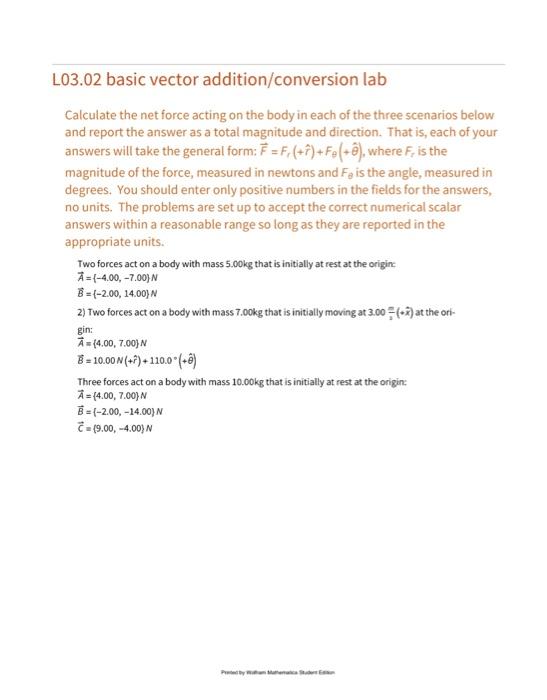Solved L03.02 basic vector addition/conversion lab Calculate | Chegg.com