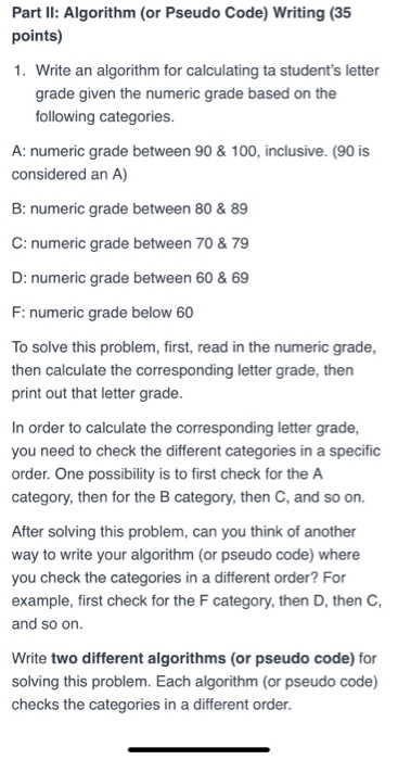 Solved Part II: Algorithm (or Pseudo Code) Writing (35 | Chegg.com