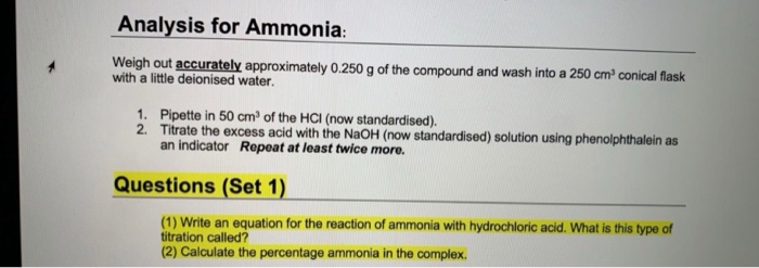 Solved Analysis for Ammonia: Weigh out accurately | Chegg.com
