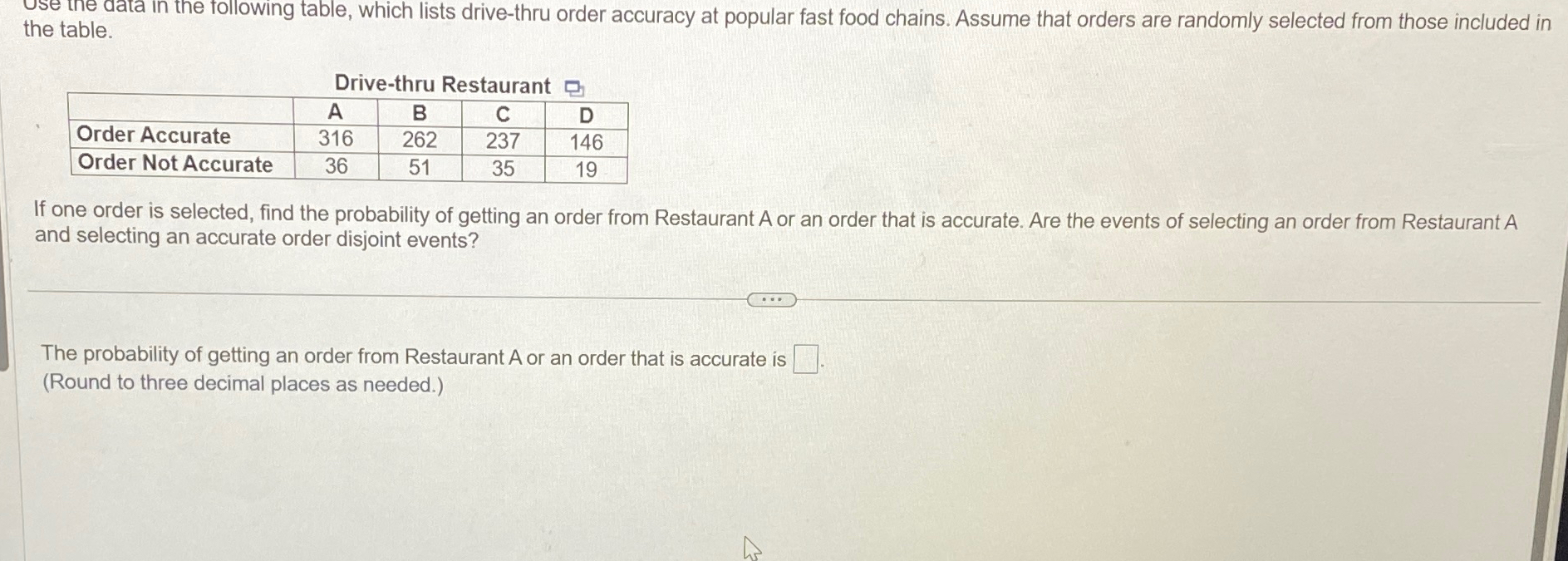 Solved the table.\table[[Drive-thru Restaurant,,,,],[Order | Chegg.com
